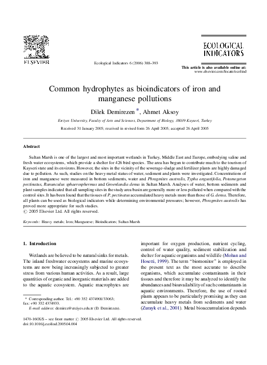 (PDF) Common hydrophytes as bioindicators of iron and manganese pollutions