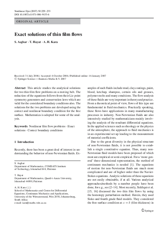 (PDF) Exact solutions of thin film flows