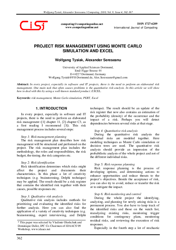 (PDF) Project Risk Management Using Monte Carlo Simulation and Excel