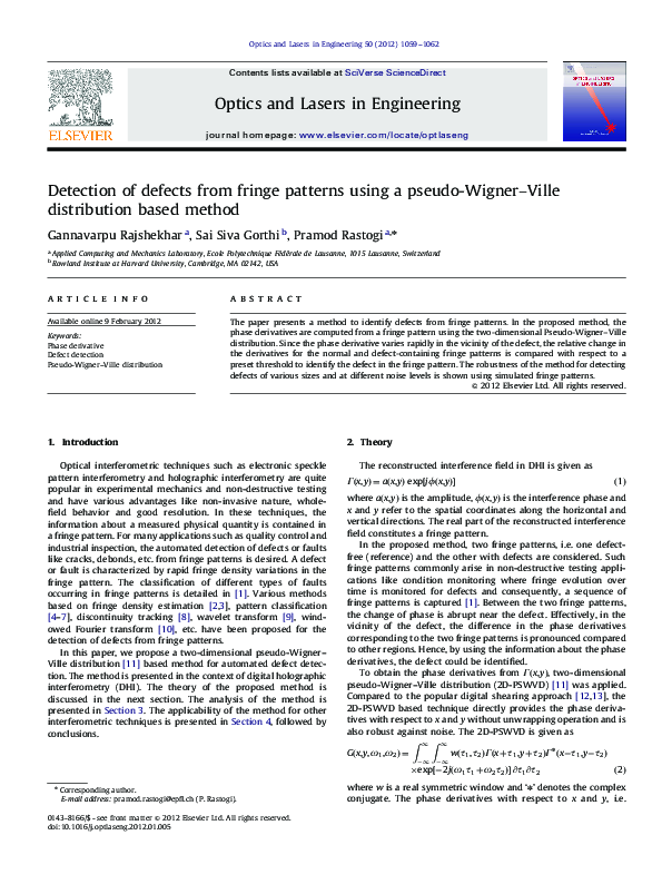 Pdf Detection Of Defects From Fringe Patterns Using A Pseudo Wigner
