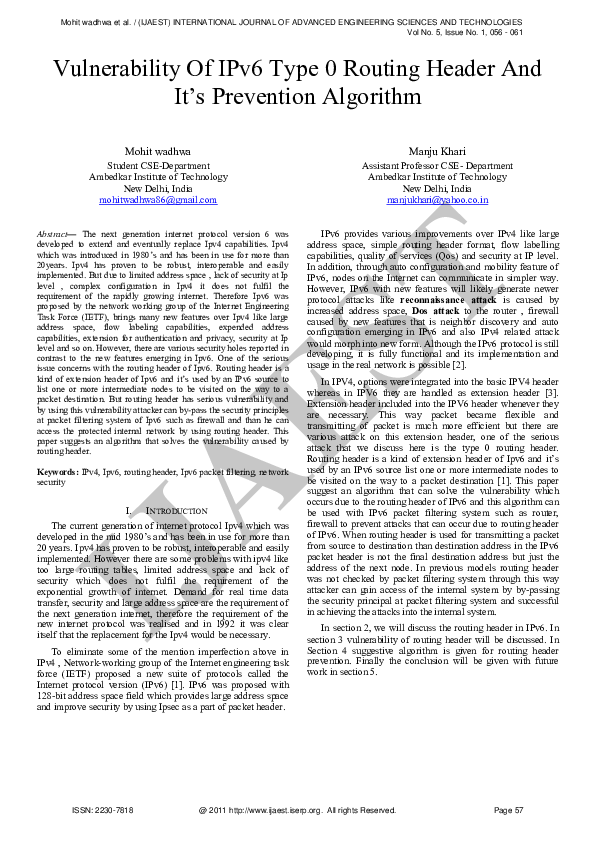 (PDF) Vulnerability Of IPv6 Type 0 Routing Header And It's Prevention Algorithm