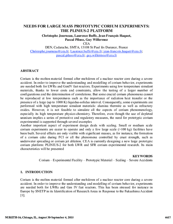 (PDF) Needs for Large Mass Prototypic Corium Experiments : The PLINIUS ...