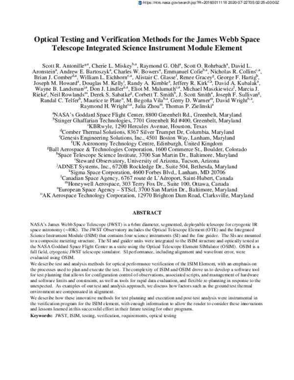 (PDF) Optical testing and verification methods for the James Webb Space ...