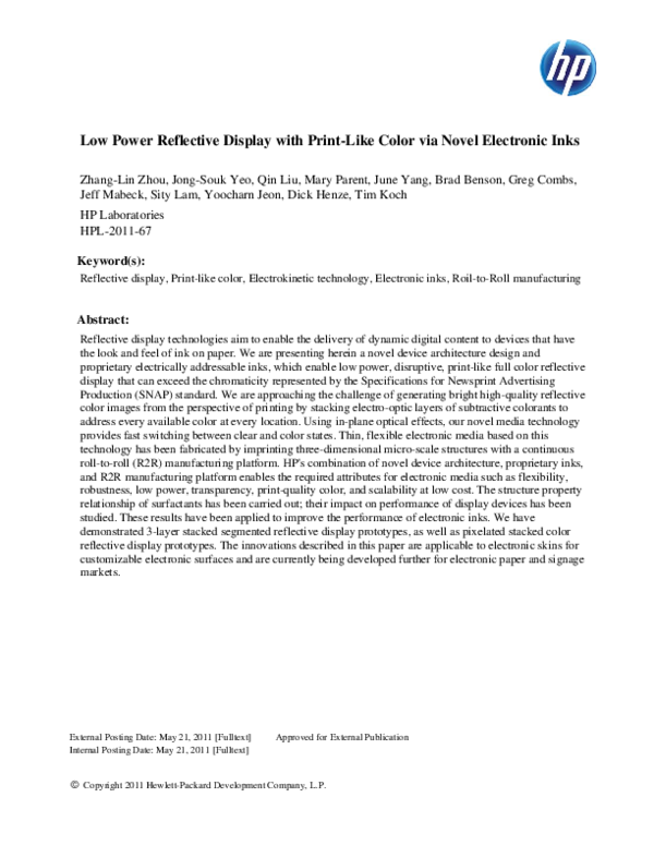 (PDF) Low Power Reflective Display with Print-Like Color via Novel ...