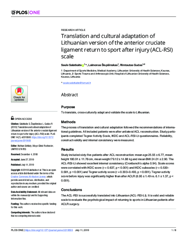 Pdf Translation And Cultural Adaptation Of Lithuanian Version Of The Anterior Cruciate