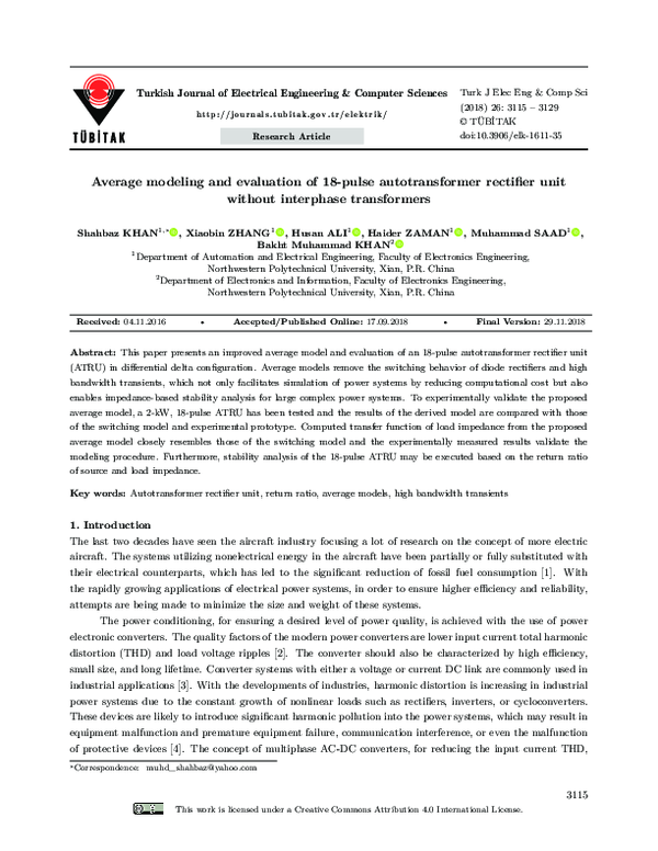 Pdf Average Modeling And Evaluation Of 18 Pulse Autotransformer Rectifier Unit Without