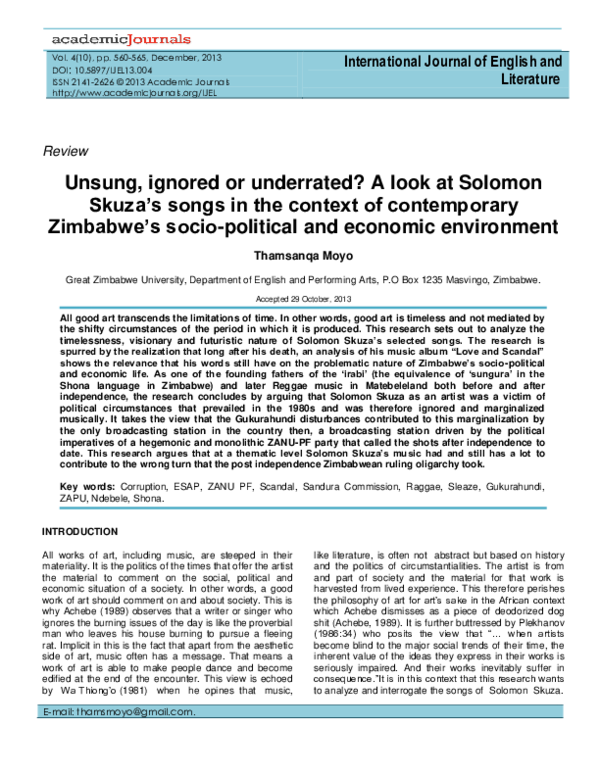 (PDF) Unsung, ignored or underrated? A look at Solomon Skuza's songs in ...