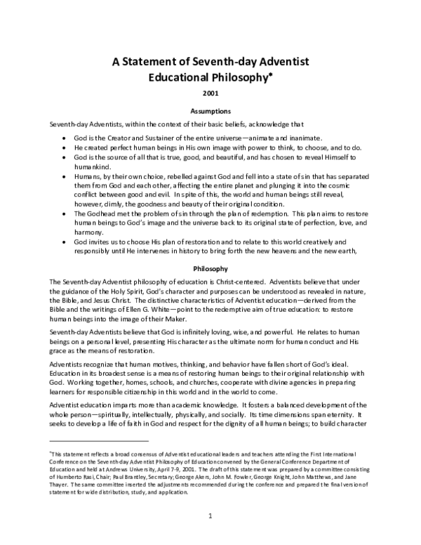 (PDF) A Statement of Seventh-day Adventist Educational Philosophy ...