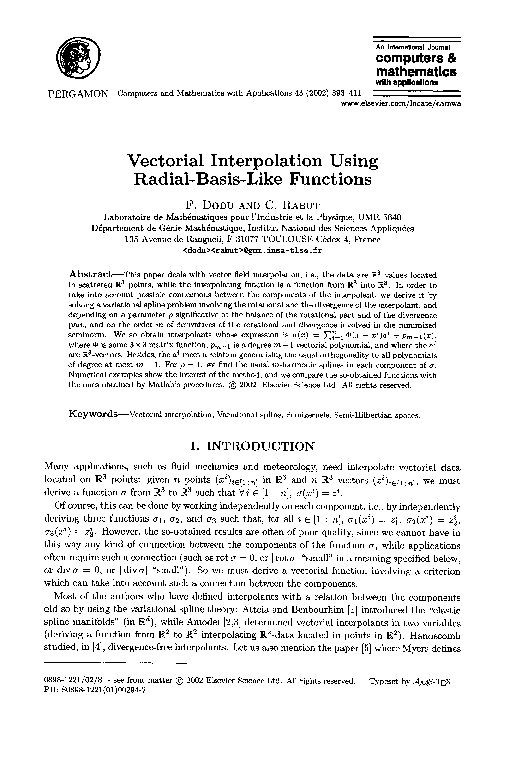 Pdf Vectorial Interpolation Using Radial Basis Like Functions
