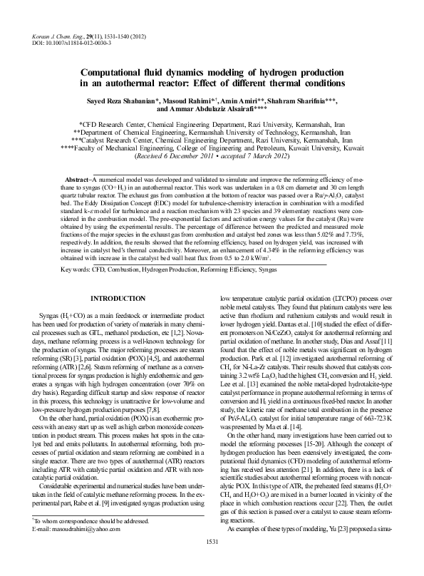 Pdf Computational Fluid Dynamics Modeling Of Hydrogen Production In