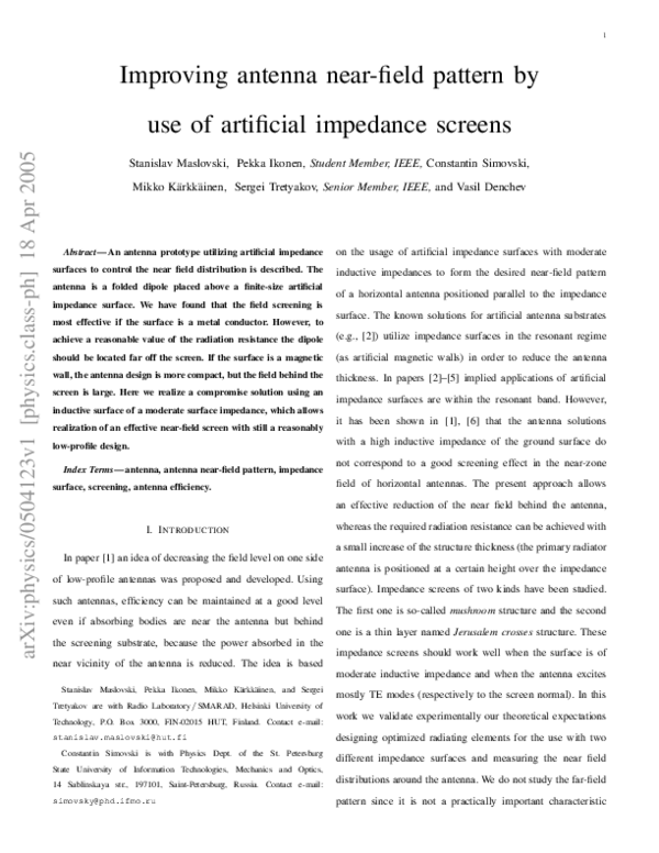 (PDF) Improving antenna near-field pattern by use of artificial ...