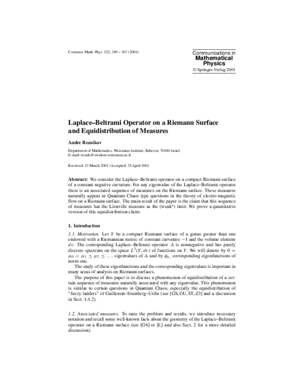 (PDF) Laplace-Beltrami Operator on a Riemann Surface¶and Equidistribution of Measures