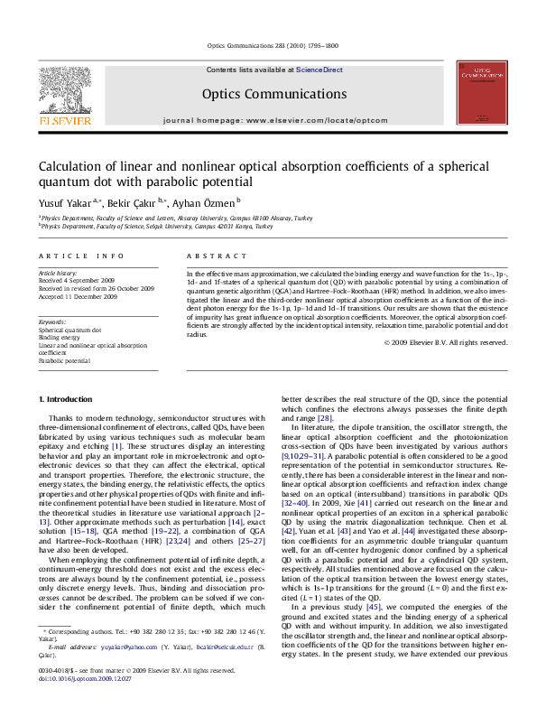 Pdf Calculation Of Linear And Nonlinear Optical Absorption Coefficients Of A Spherical Quantum