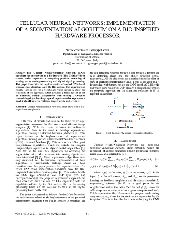 Pdf Cellular Neural Networks Implementation Of A Segmentation Algorithm On A Bio Inspired 1620