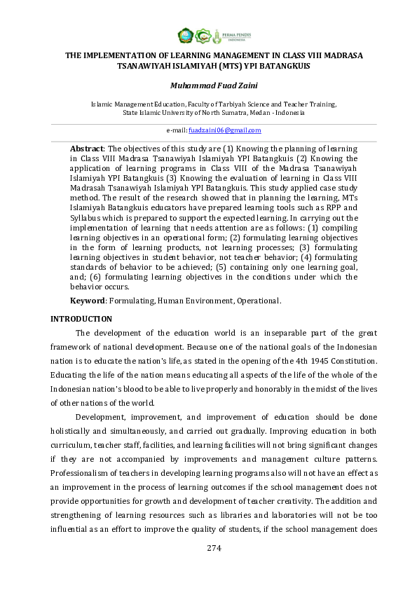 (PDF) THE IMPLEMENTATION OF LEARNING MANAGEMENT IN CLASS VIII MADRASA TSANAWIYAH ISLAMIYAH (MTS ...