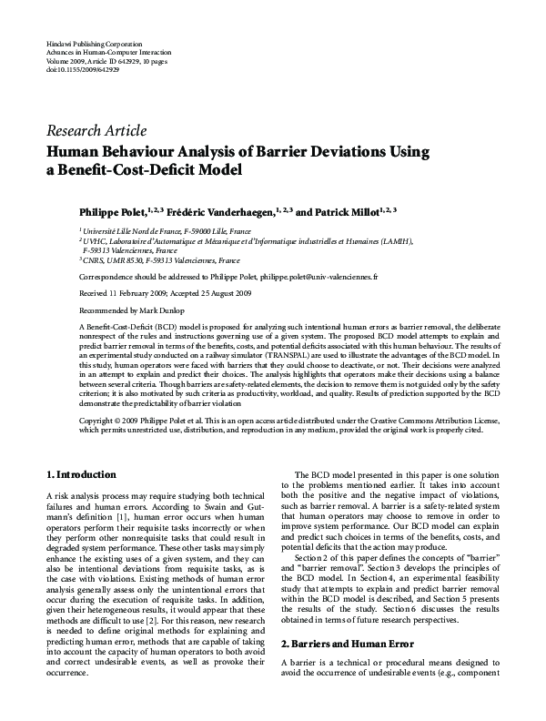 (PDF) Human Behaviour Analysis of Barrier Deviations Using a Benefit-Cost-Deficit Model