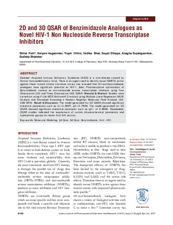(PDF) 2D and 3D QSAR of Benzimidazole Analogues as Novel HIV-1 Non Nucleoside Reverse ...