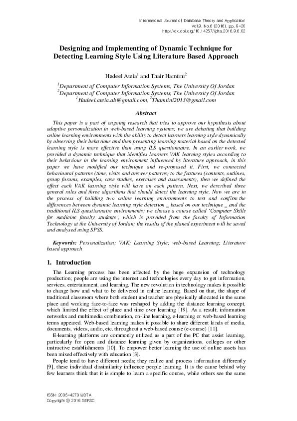 (PDF) Designing and Implementing of Dynamic Technique for Detecting Learning Style Using ...