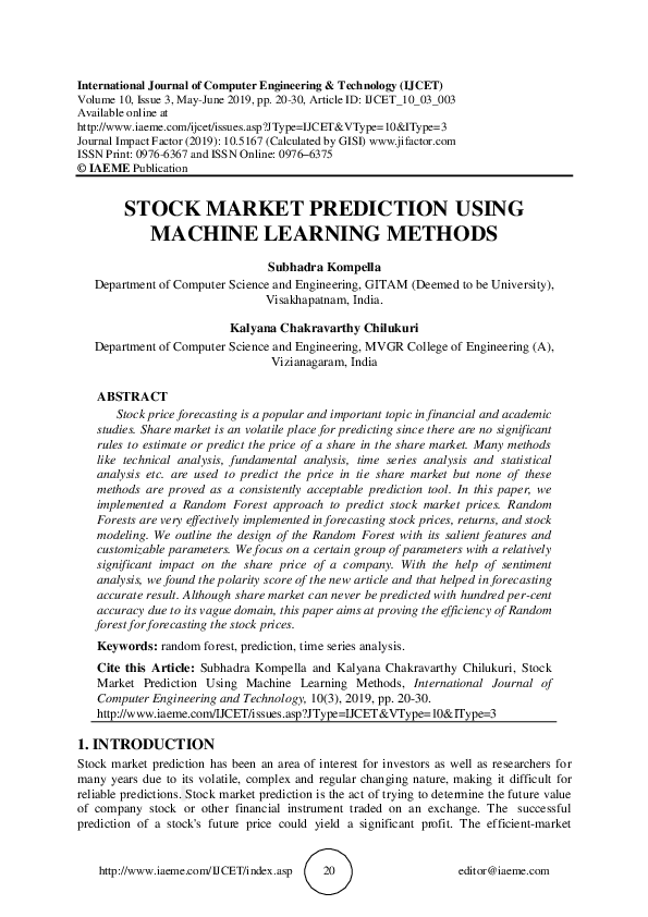(PDF) Stock Market Prediction Using Machine Learning Methods