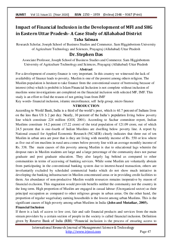 (PDF) Impact of Financial Inclusion in the Development of MFI and SHG ...