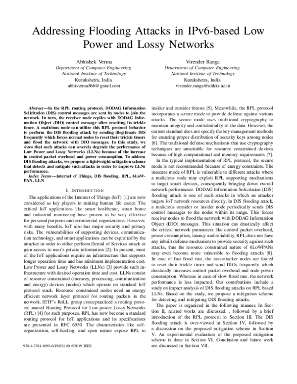 Pdf Addressing Flooding Attacks In Ipv6 Based Low Power And Lossy Networks