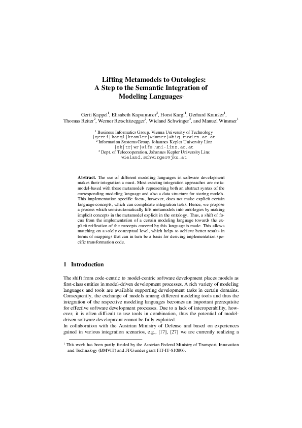 (PDF) Lifting Metamodels to Ontologies: A Step to the Semantic Integration of Modeling Languages ...
