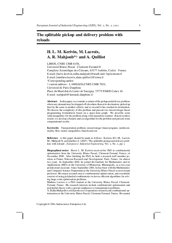 (PDF) The splittable pickup and delivery problem with reloads