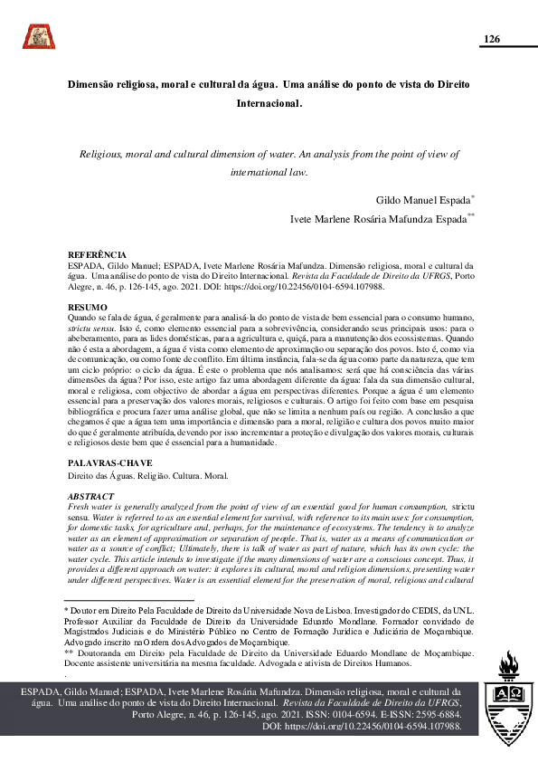 (PDF) Dimensão religiosa, moral e cultural da água. Uma análise do ...