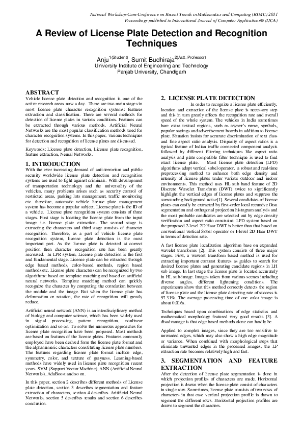 (PDF) A Review of License Plate Detection and Recognition Techniques