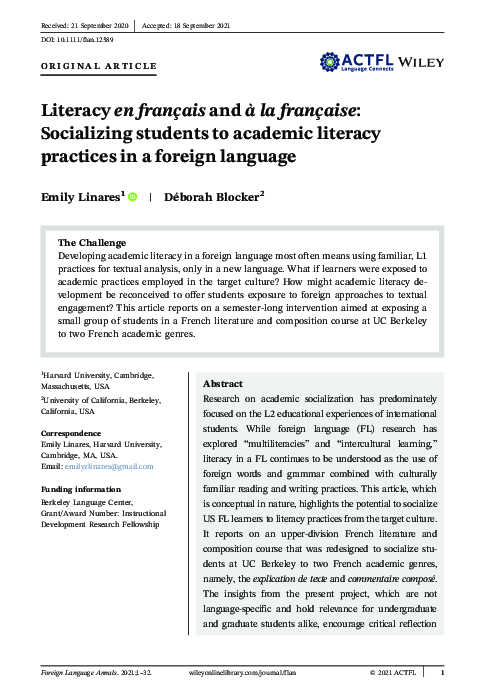 (PDF) Emily Linares and Déborah Blocker, "Literacy en français and à la ...