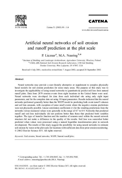(PDF) Artificial neural networks of soil erosion and runoff prediction at the plot scale