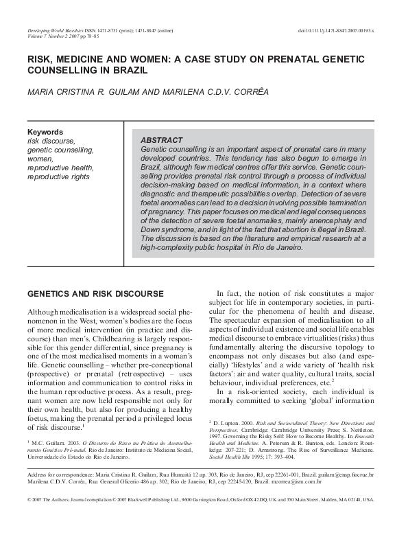(PDF) Risk, Medicine and Women: A Case Study on Prenatal Genetic ...
