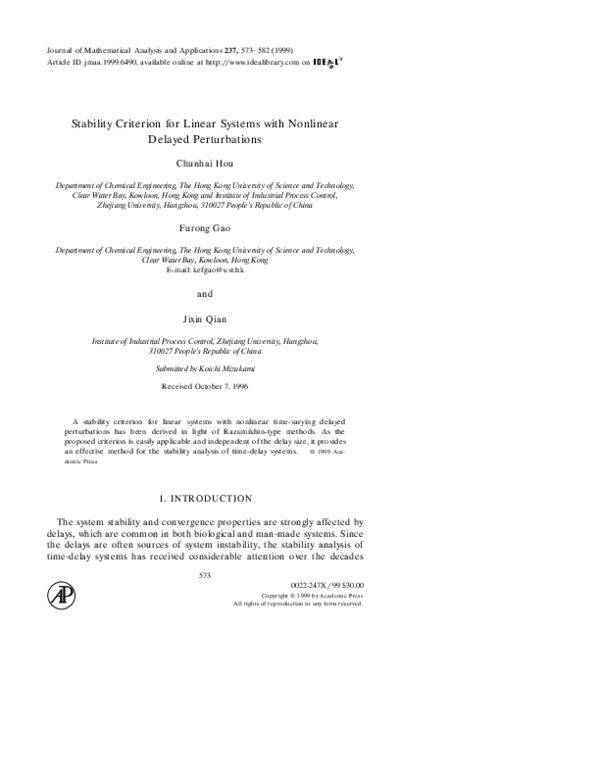 (PDF) Stability Criterion for Linear Systems with Nonlinear Delayed Perturbations | Furong Gao ...