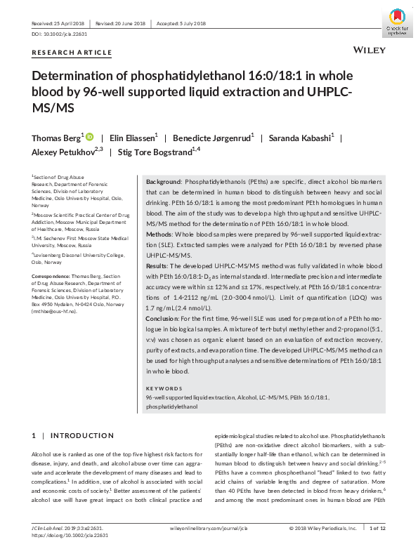 (PDF) Determination of phosphatidylethanol 16:0/18:1 in whole blood by ...