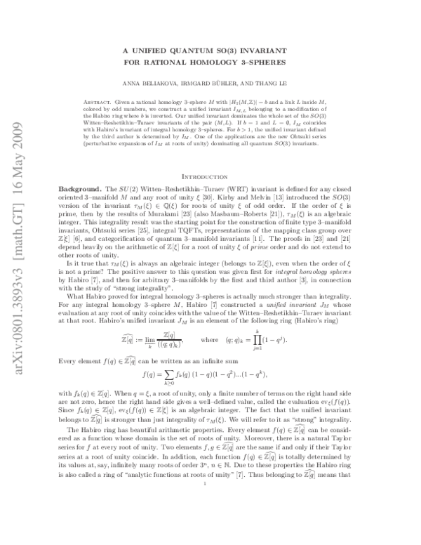 (PDF) A unified quantum SO (3) invariant for rational homology 3 ...