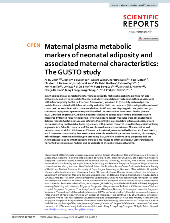 Maternal plasma metabolic markers of neonatal adiposity and associated ...