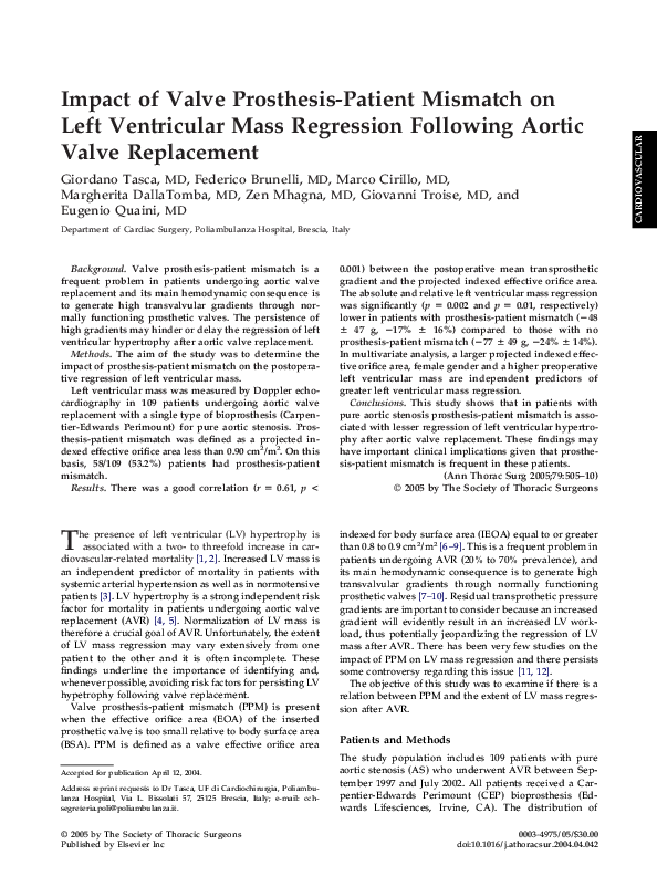 (PDF) Impact of Valve Prosthesis-Patient Mismatch on Left Ventricular Mass Regression Following ...
