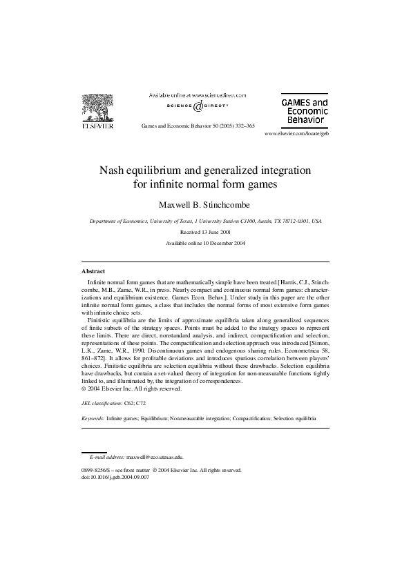 Pdf Nash Equilibrium And Generalized Integration For Infinite Normal Form Games