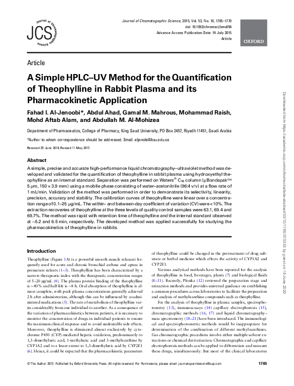 (PDF) A Simple HPLC-UV Method for the Quantification of Theophylline in Rabbit Plasma and its ...