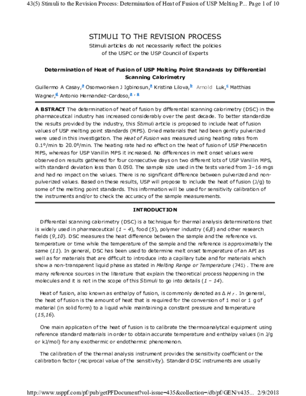 (PDF) Determination of heat of fusion of USP melting point standards by ...