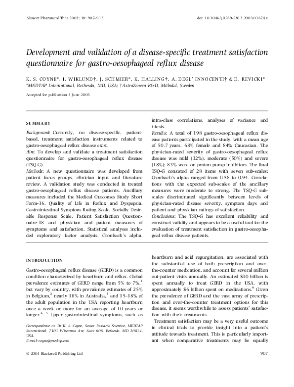 (PDF) Development and validation of a disease-specific treatment satisfaction questionnaire for ...