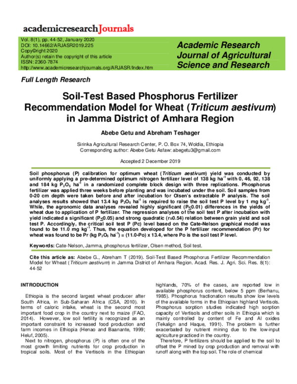 (PDF) Soil-Test Based Phosphorus Fertilizer Recommendation Model for ...