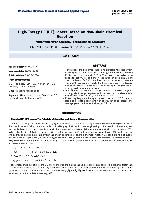 (PDF) High-energy HF (DF) Lasers based on Non-Chain Chemical Reaction