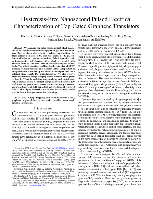 (PDF) Hysteresis-Free Nanosecond Pulsed Electrical Characterization of Top-Gated Graphene ...