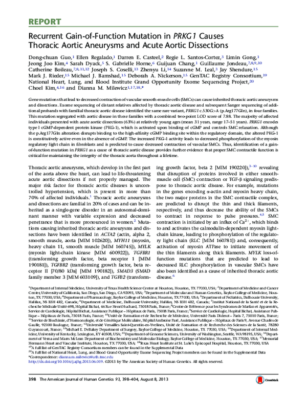 (PDF) Recurrent Gain-of-Function Mutation in PRKG1 Causes Thoracic Aortic Aneurysms and Acute ...