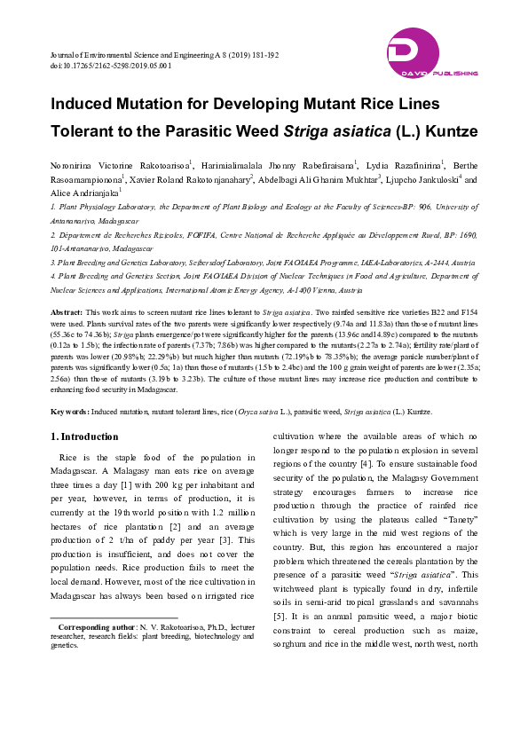 (PDF) Induced Mutation for Developing Mutant Rice Lines Tolerant to the ...
