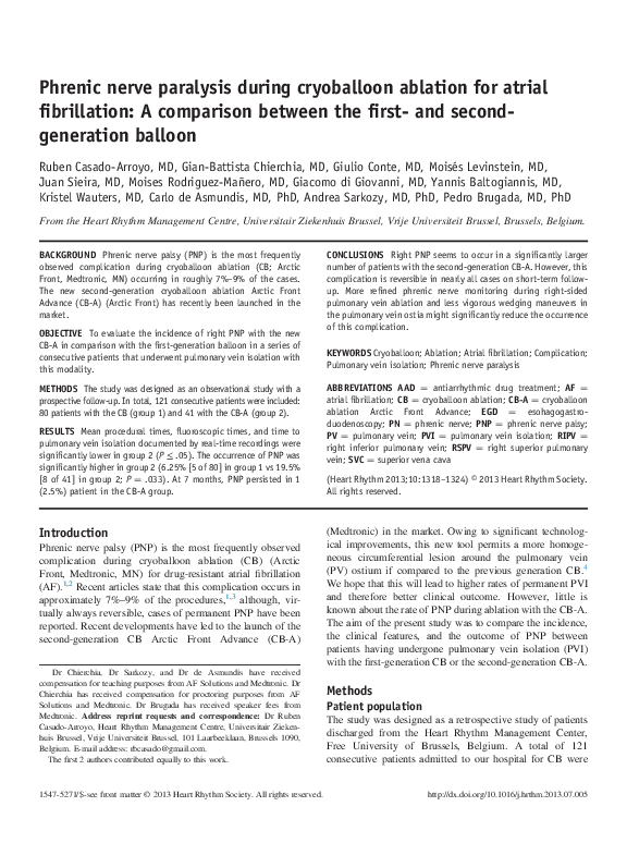 (PDF) Phrenic nerve paralysis during cryoballoon ablation for atrial ...