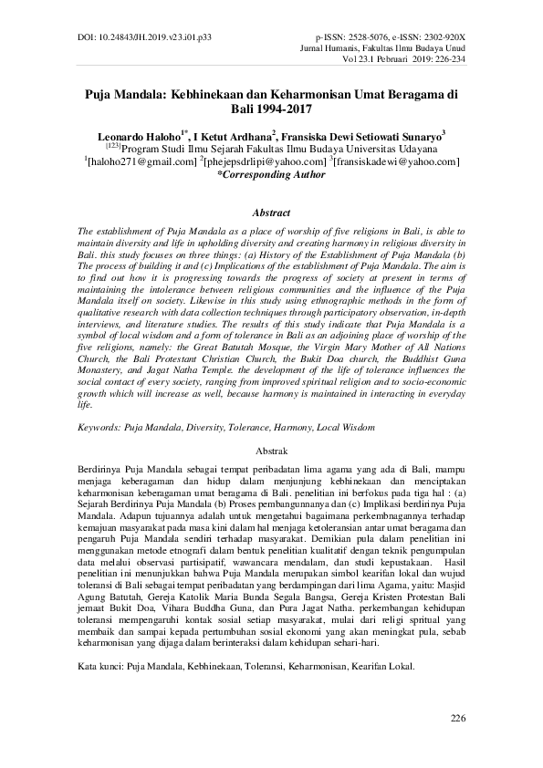 (PDF) Puja Mandala: Kebhinekaan dan Keharmonisan Umat Beragama di Bali 1994-2017