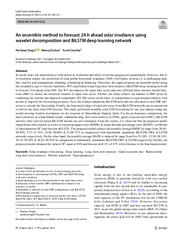 (PDF) An ensemble method to forecast 24-h ahead solar irradiance using ...
