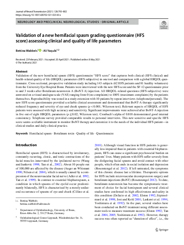 (PDF) Validation of a new hemifacial spasm grading questionnaire (HFS ...